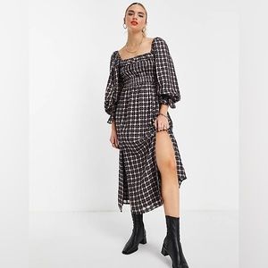 River Island | Dresses | Asos River Island Shirred Smocked Square Neck Check Midi Dress In Pink ...